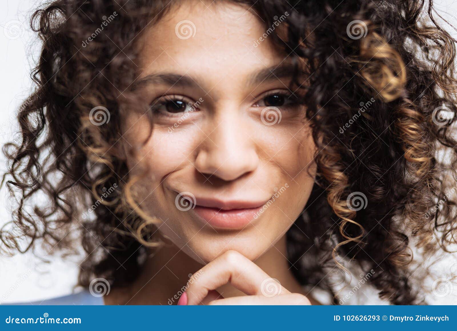 Close Up Of Pretty Curly Woman Smiling At Camera Stock Image Image Of