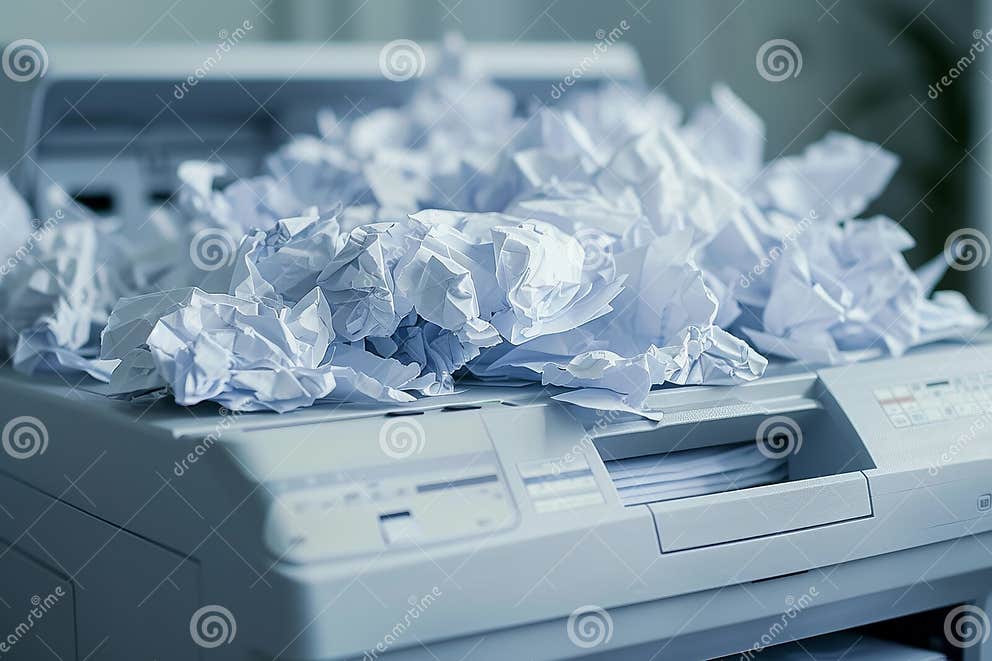 Close-up of a Printer Machine Overloaded with Crumpled Paper, Causing a ...