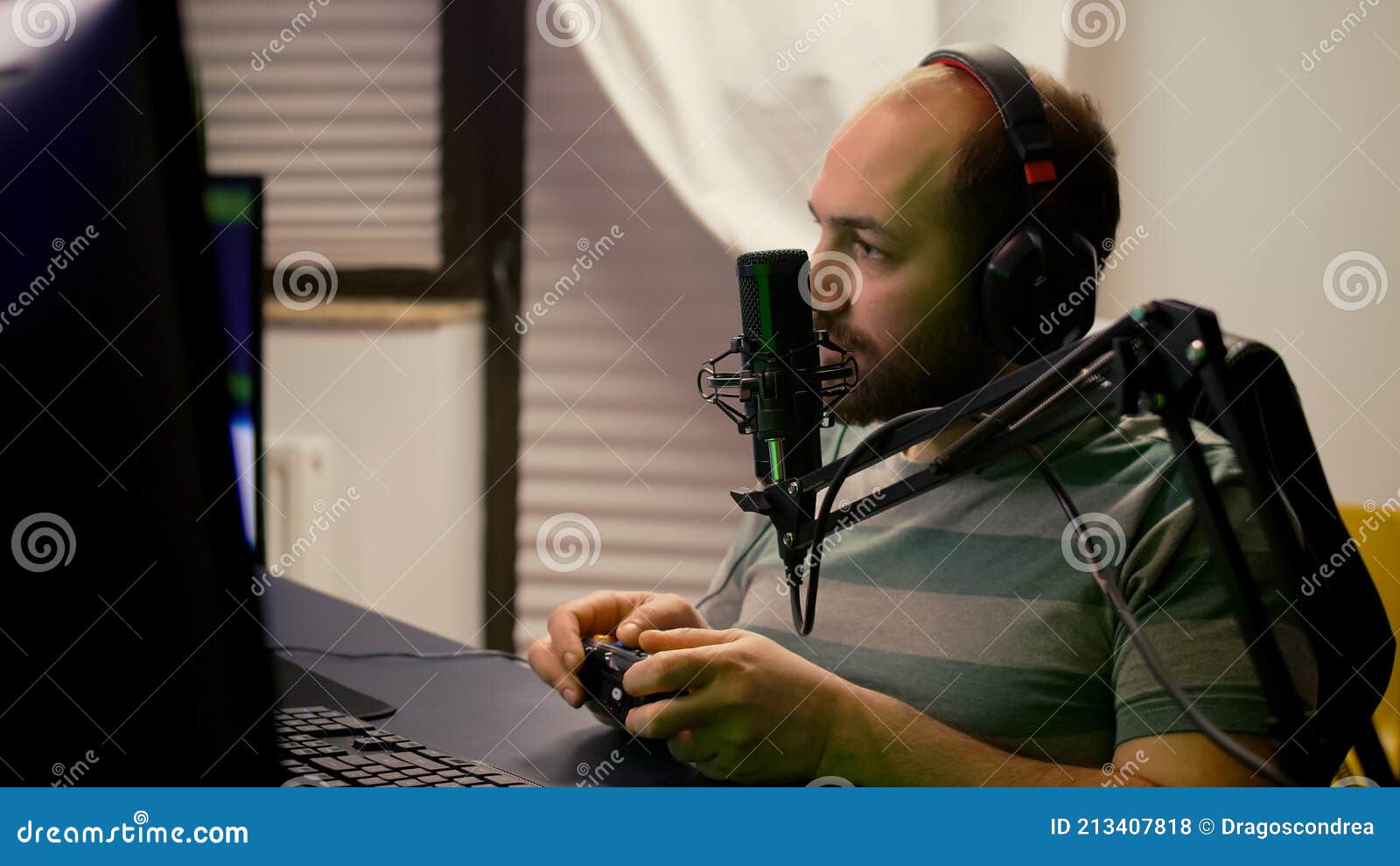 Close-up of Pro Streamer Talking into Professional Microphone Stock ...