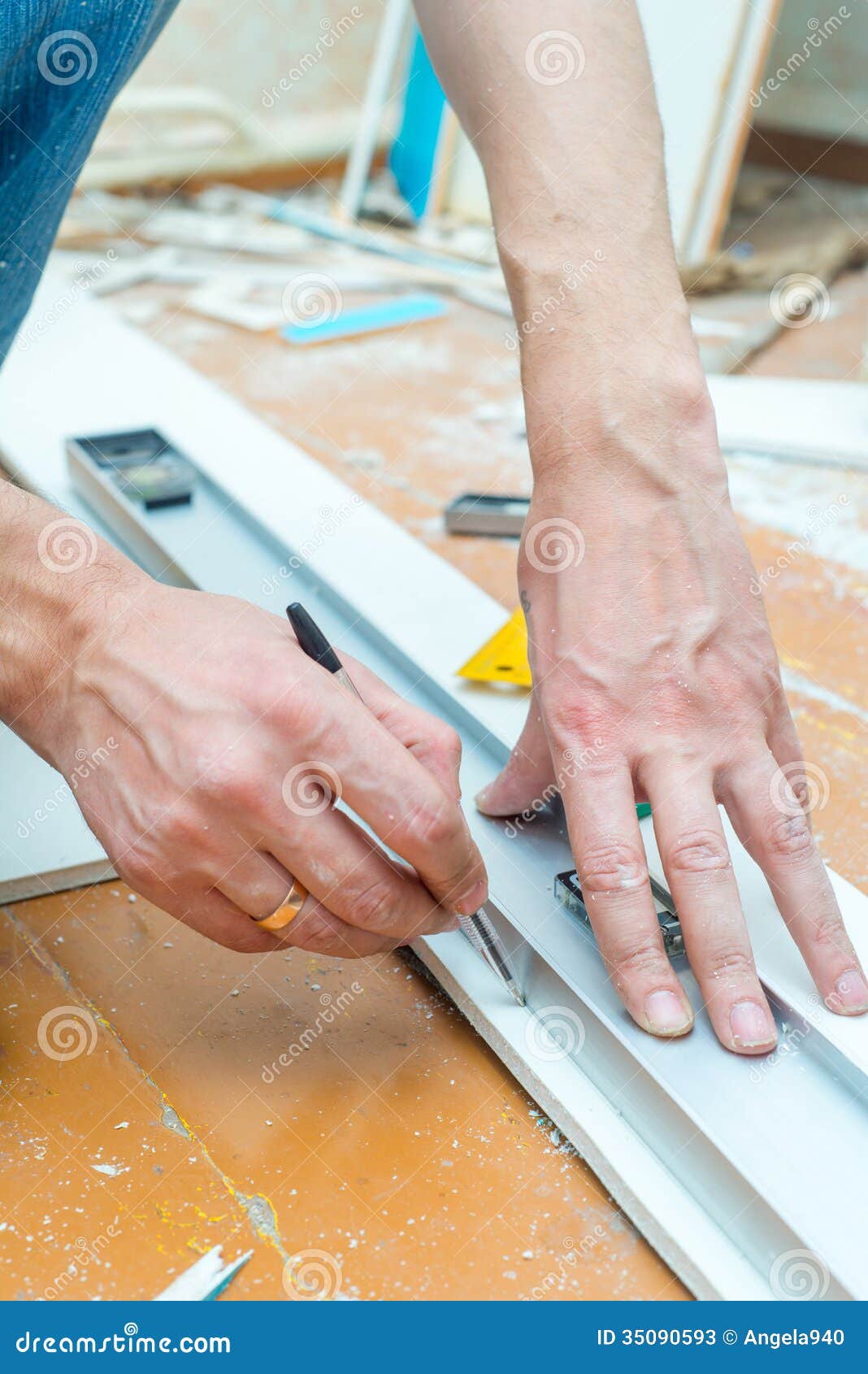 Close-up Process of Measuring Panel with Level Stock Image - Image of ...