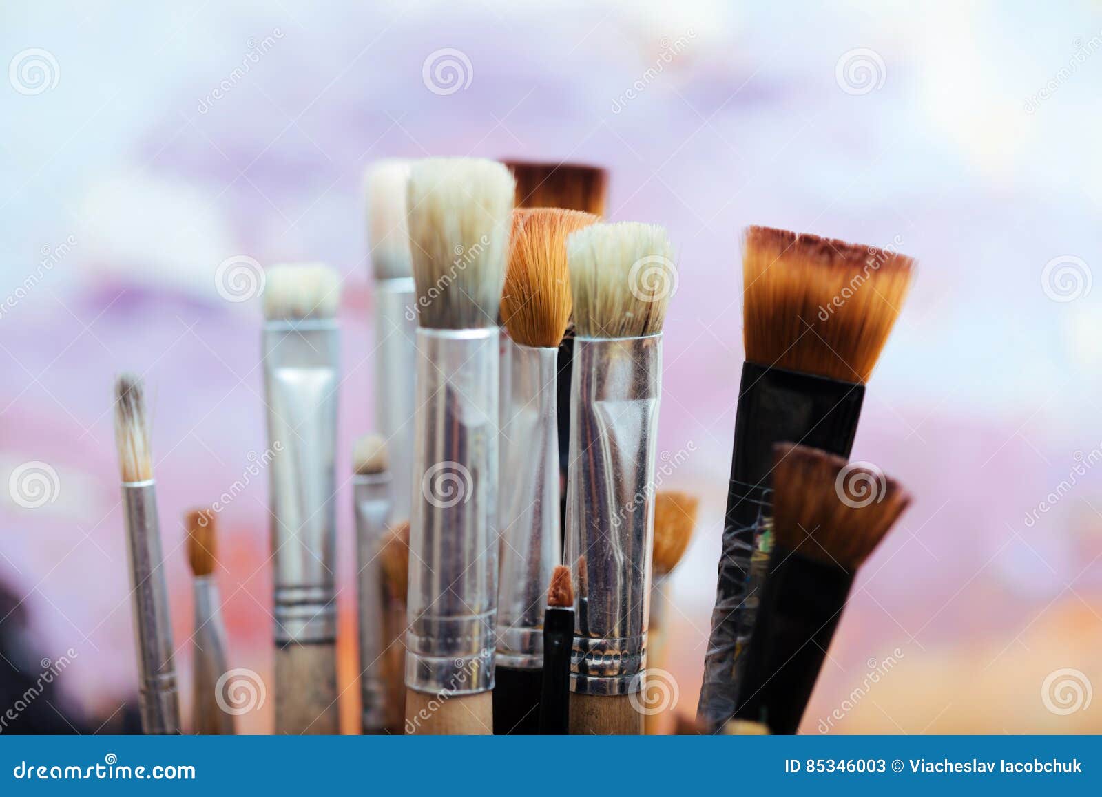 Close Up of Professional Brushes on Colorful Background Stock Image ...