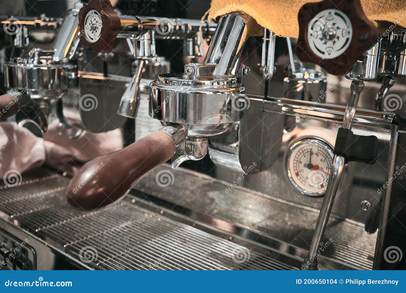 Close Up of Professional Coffee Machine. Brown Handles and Chrome ...