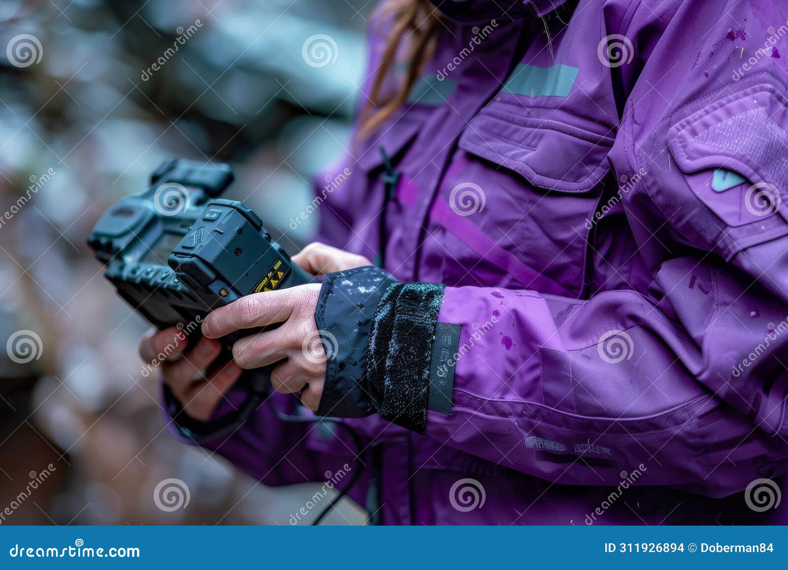 Skilled Engineer in a Vibrant Purple Uniform Focusing on Device ...