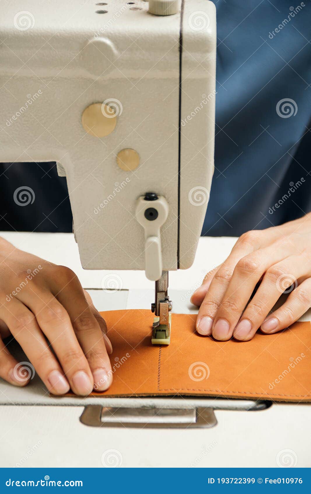 Close Up of Professional Sewing Machine for Leather Work, Woman`s Hands ...