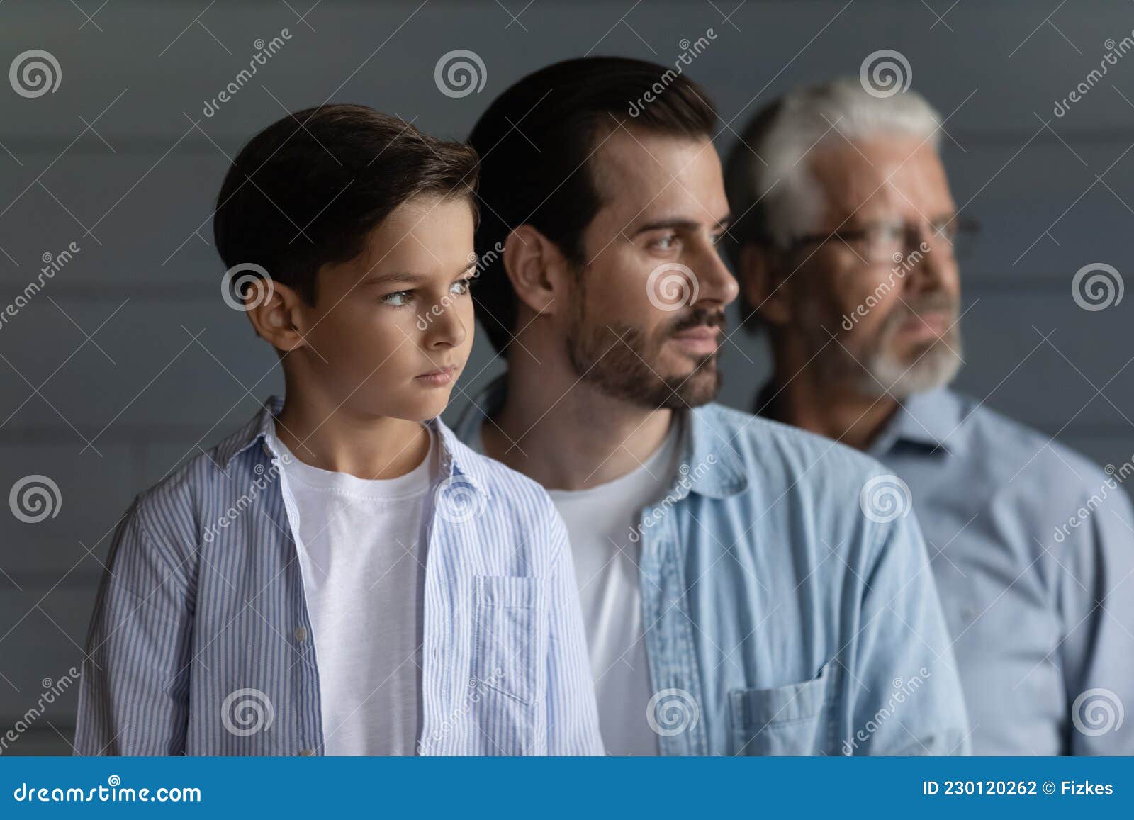 Close Up Profile Three Generations of Men Standing in Row Stock Photo ...