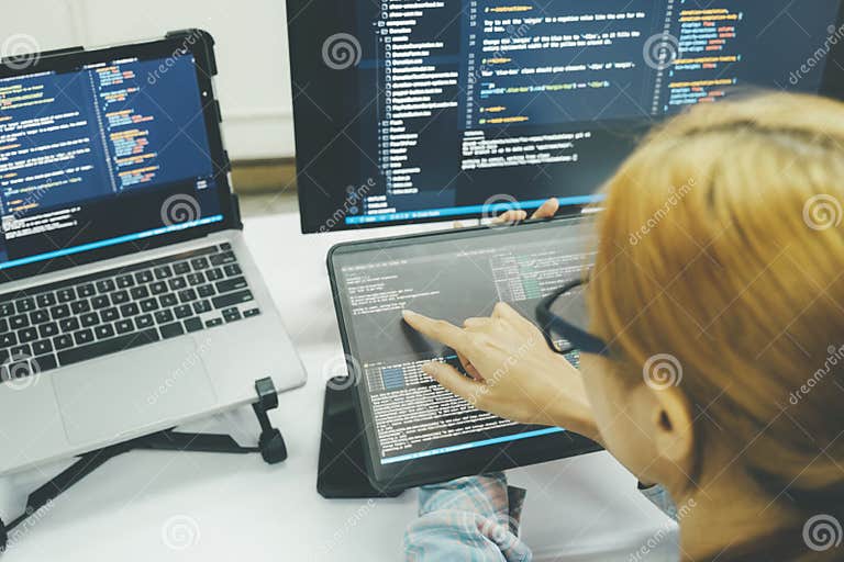 Close Up Programmer is Coding and Programming Software. Stock Image - Image of hacking, computer ...
