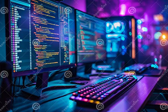 Close-up of Programmer S Workspace in a Dimly Lit Office with Large ...