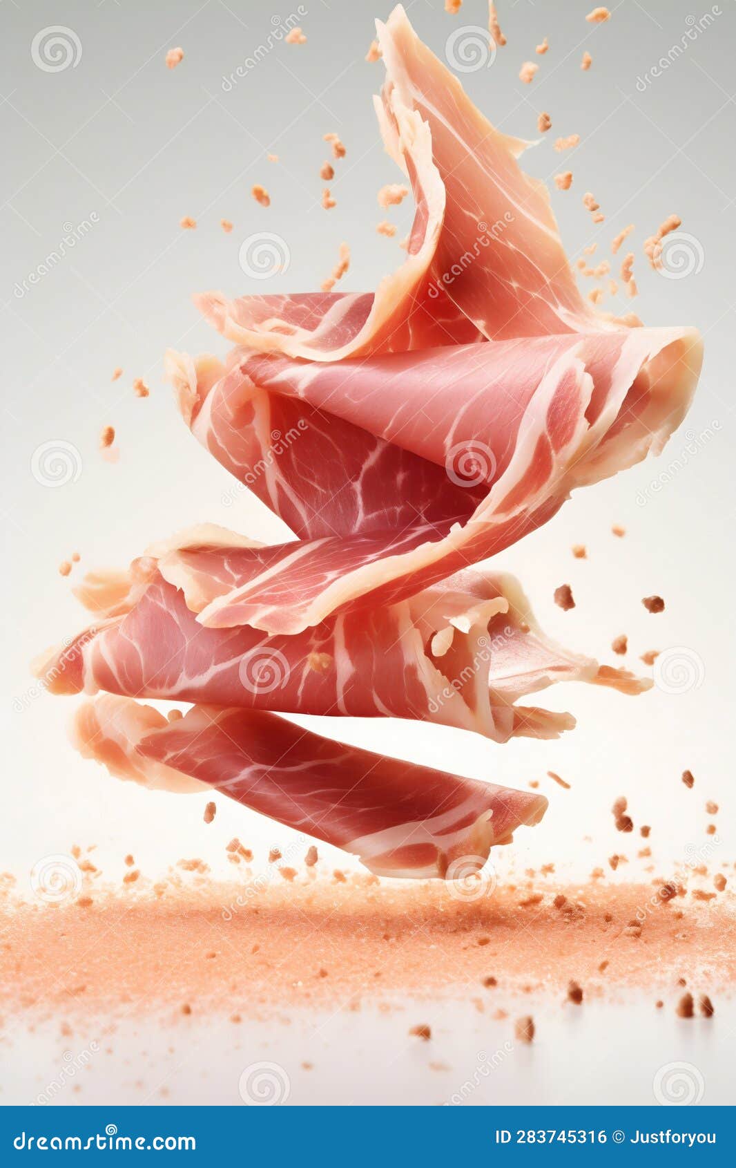 Close-Up of Prosciutto Flying in the Air, Levitation. Generative Ai ...