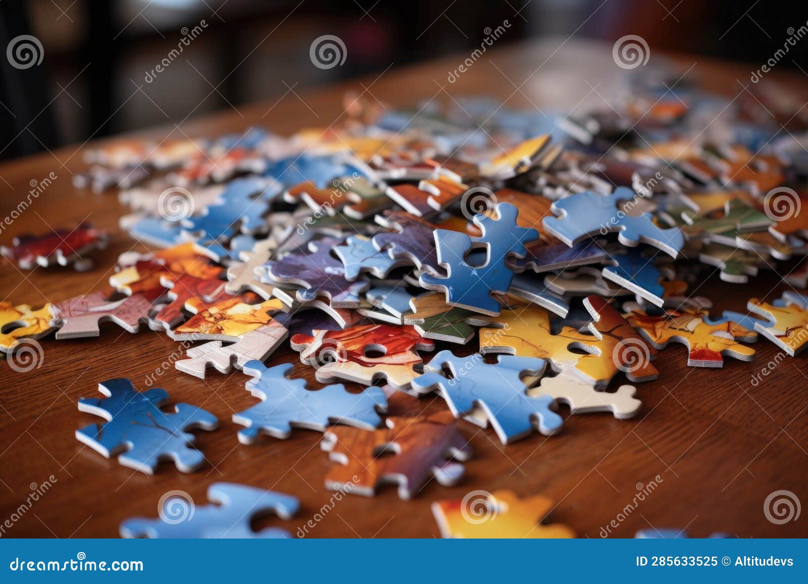 Close-up of Puzzle Pieces Scattered on a Table Stock Illustration ...