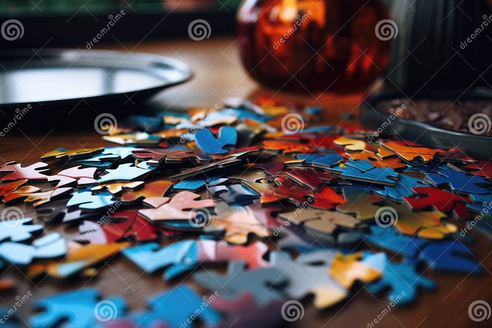 Close-up of Puzzle Pieces Scattered on a Table Stock Photo - Image of ...