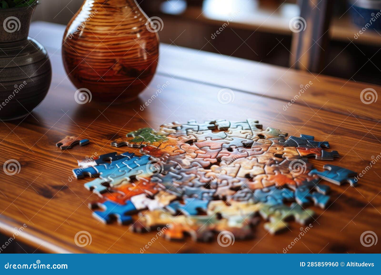 Close-up of Puzzle Pieces on Wooden Table Stock Photo - Image of game ...