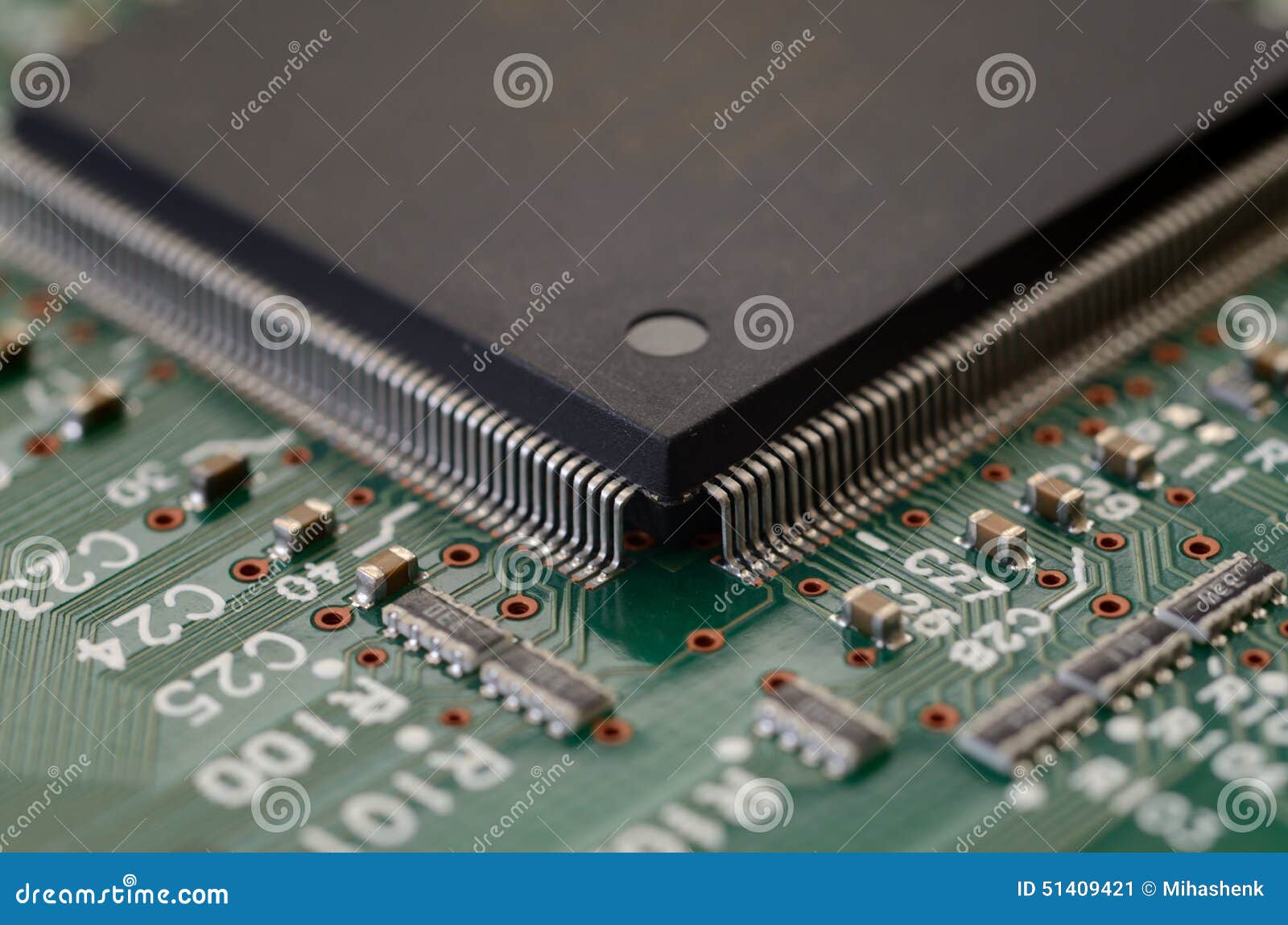 Close Up Quad Flat Pack on PCB Stock Image - Image of circuits ...