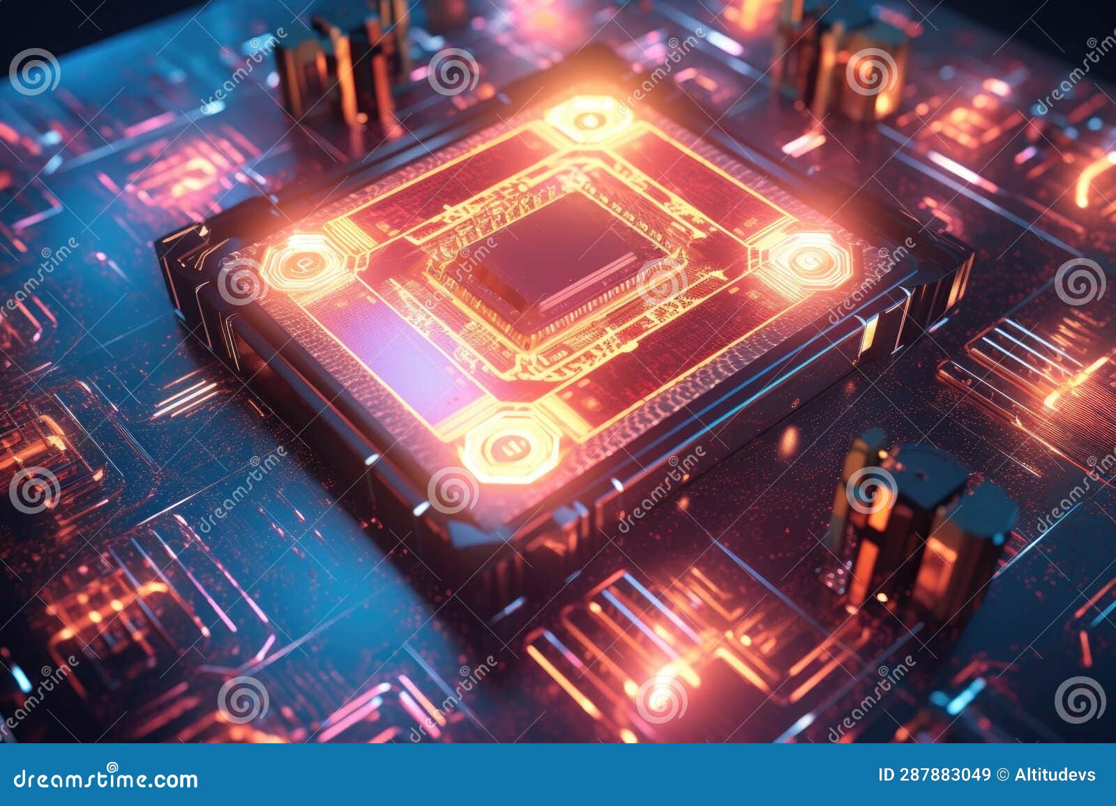 Close-up of Quantum Chip Circuitry with Glowing Lights Stock ...