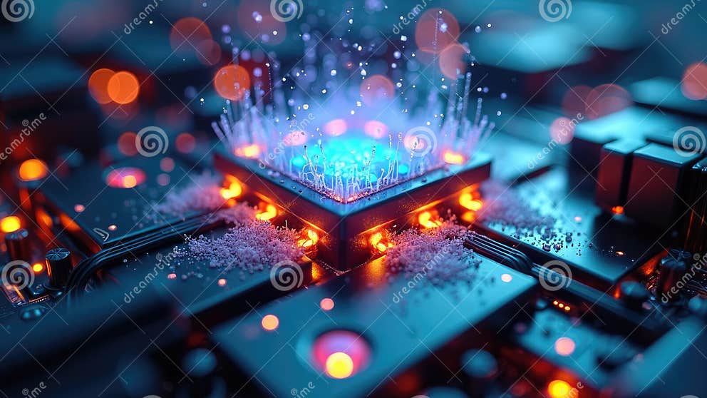 Close-up of Quantum Computer Chip Emitting Blue Light with Particles ...