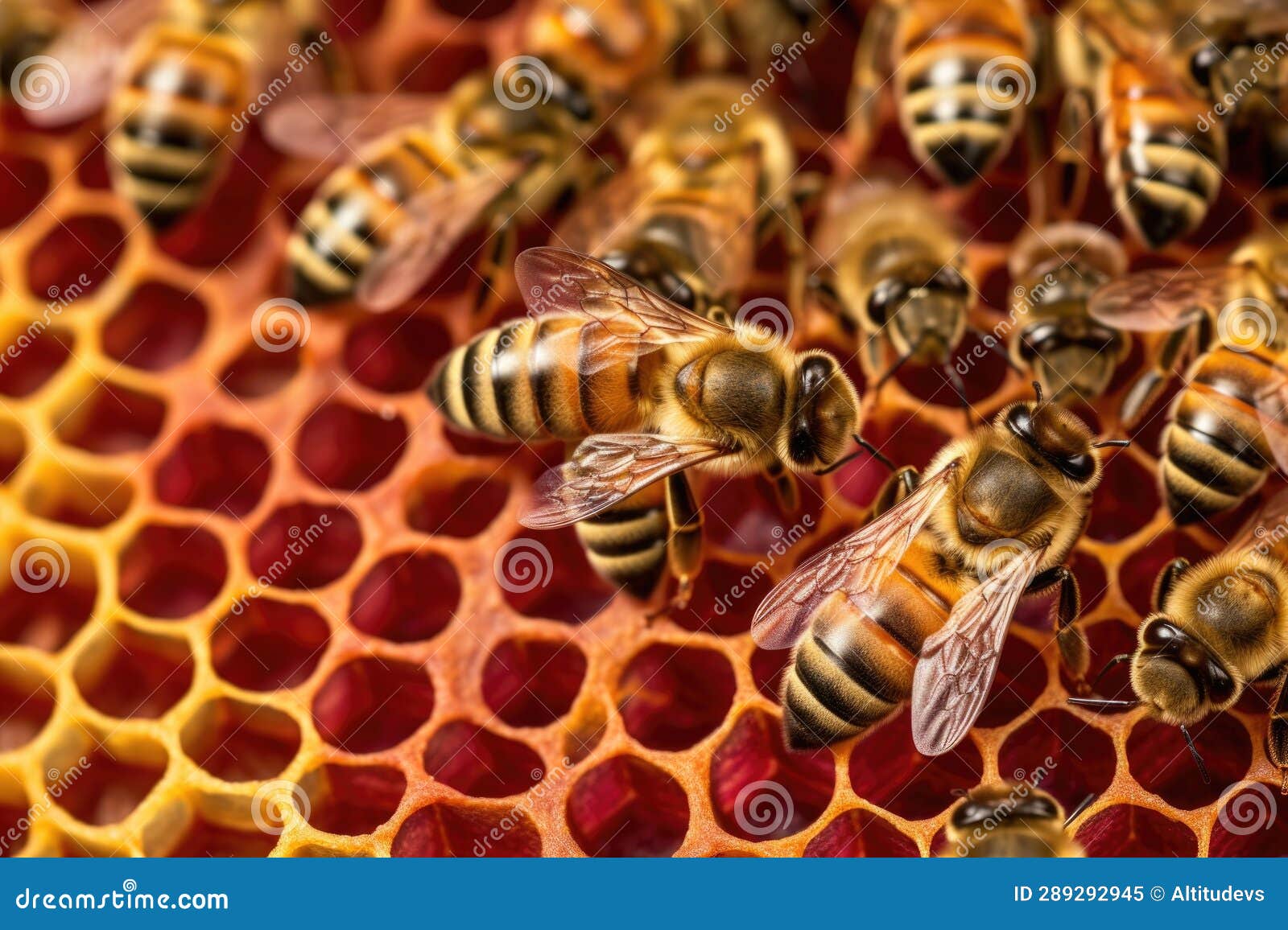 Close-up of Queen Bee among Worker Bees on Comb Stock Image - Image of ...