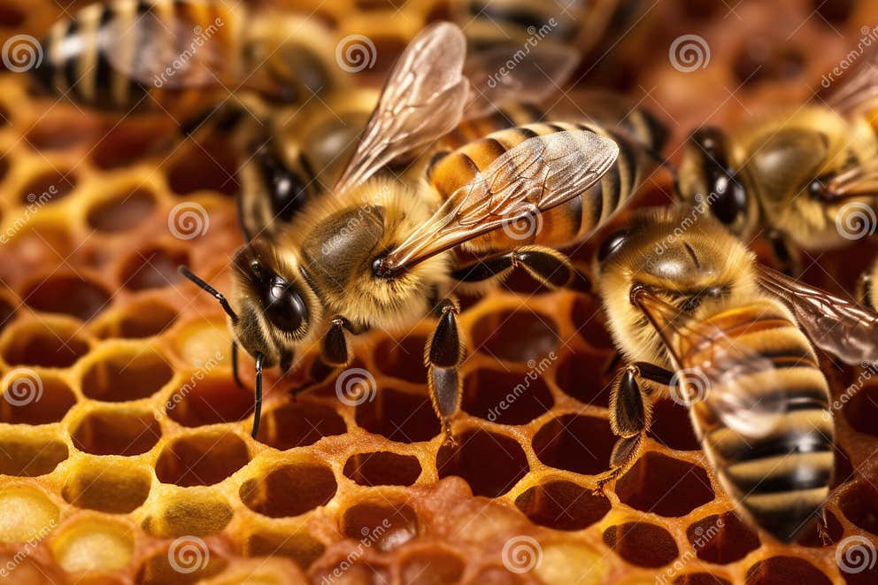 Close-up of Queen Bee among Worker Bees on Comb Stock Photo - Image of ...