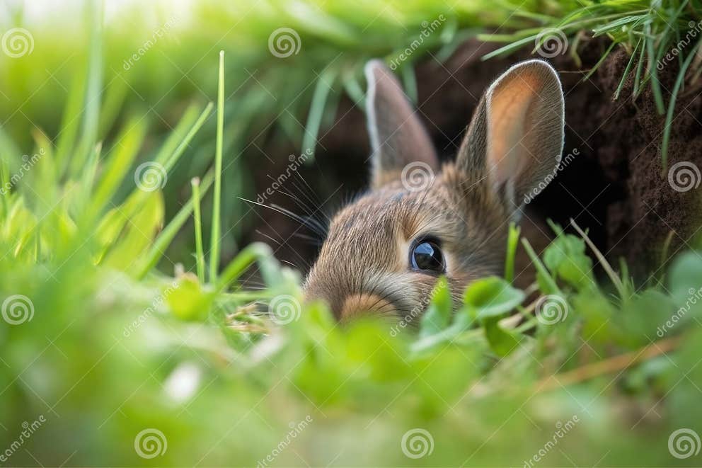 Close-up of Rabbit Digging Hole in Green Grass Stock Photo - Image of ...