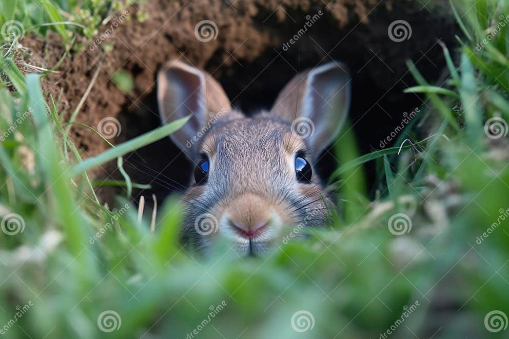 Close-up of Rabbit Digging Hole in Green Grass Stock Photo - Image of ...
