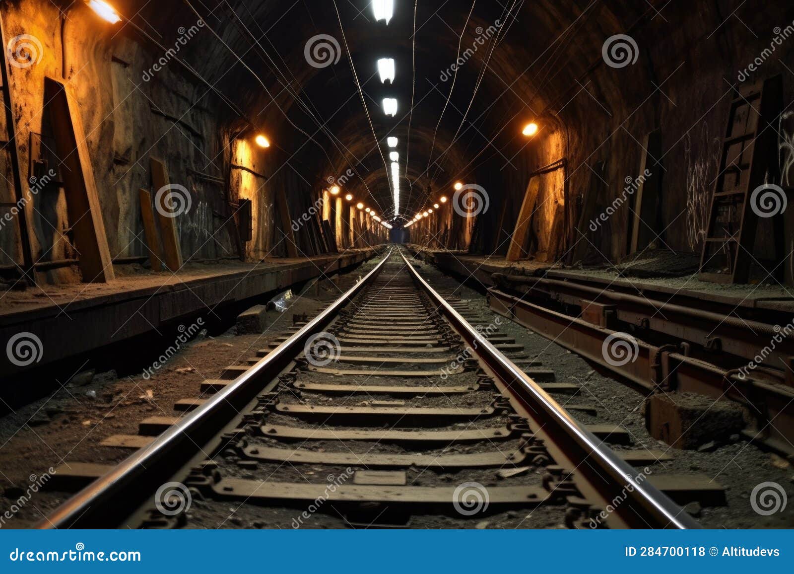 Close-up of Rail Tracks in Underground Subway Tunnel Stock Illustration ...