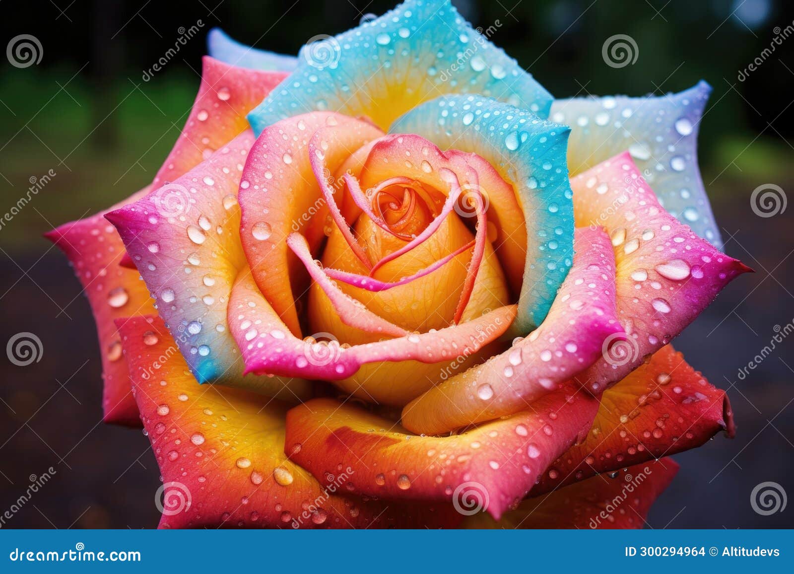 Close-up of a Rainbow-colored Rose with Dew Drops Stock Photo - Image ...