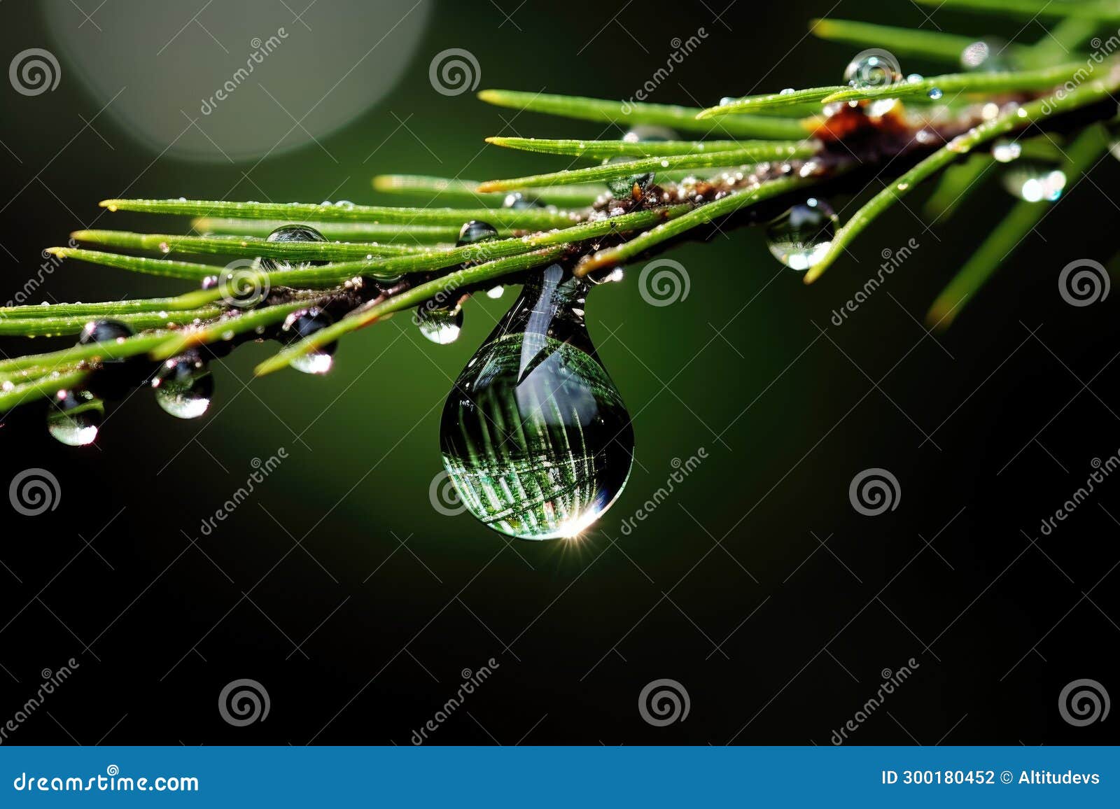Close-up of a Raindrop on a Pine Needle Reflecting a Forest Stock Photo ...