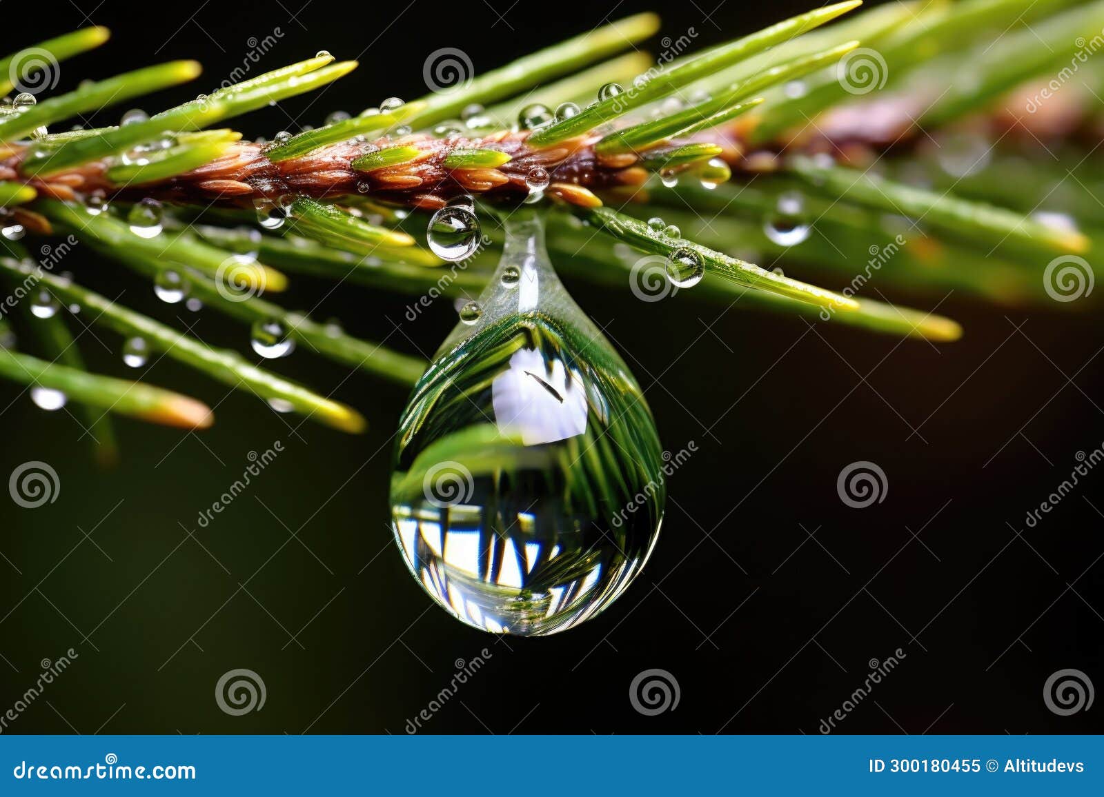 Close-up of a Raindrop on a Pine Needle Reflecting a Forest Stock Image ...