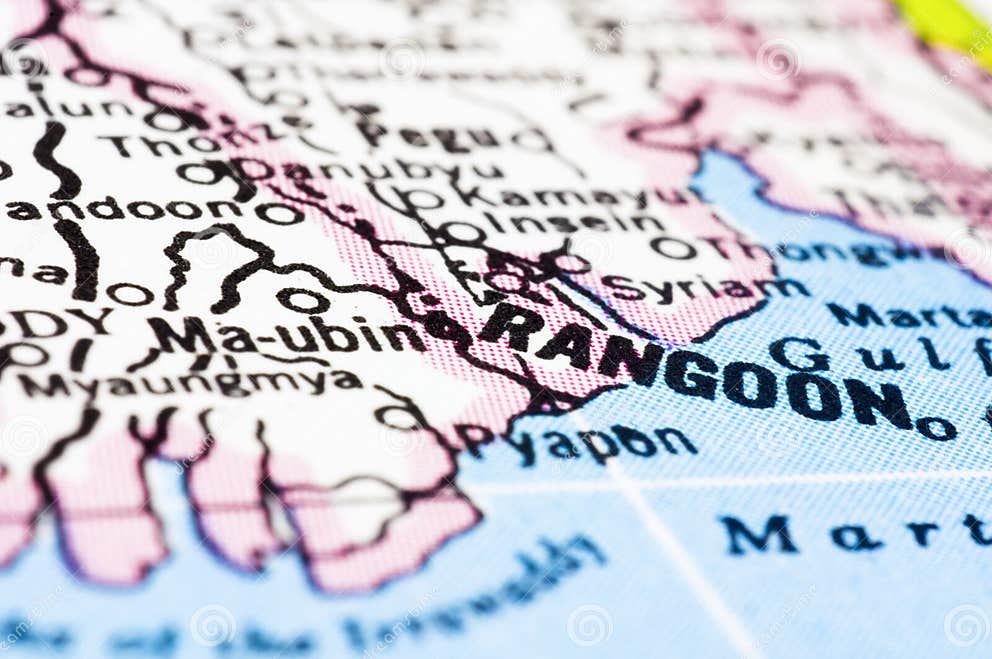 Close Up of Rangoon or Yangon on Map, Myanmar Stock Image - Image of ...