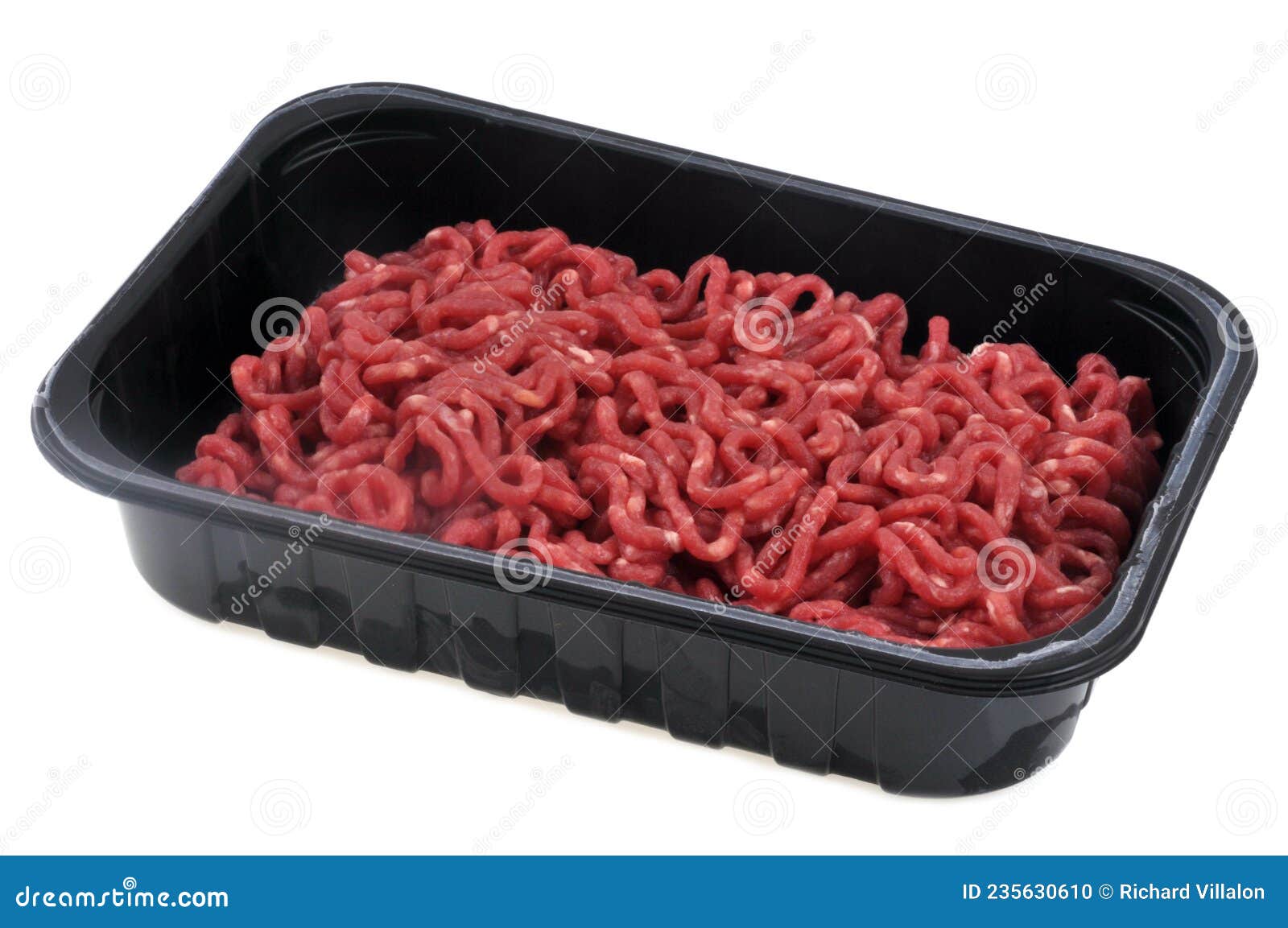 Black Plastic Tray of Raw Ground Beef Close-up on White Background ...