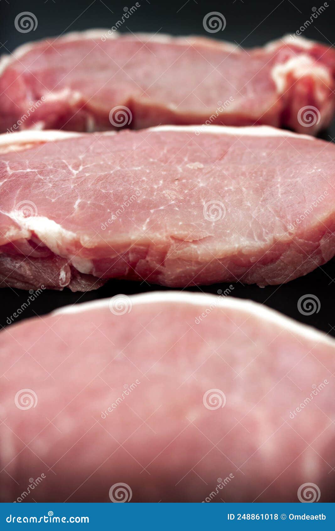 Close Up Raw Steaks in Row with Spices, Alternative Raw Meat, Elevated ...