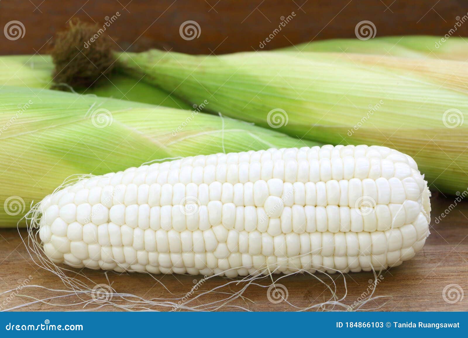 Close Up Raw White Corn Peeled Can See Inside on Brown Wood Background ...