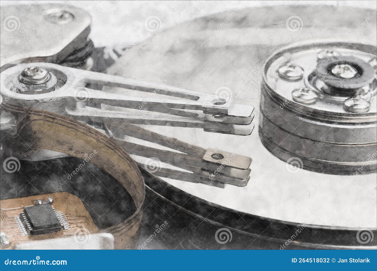 Close-up of Read-write Head of Computer Hard Drive. Charcoal or ...