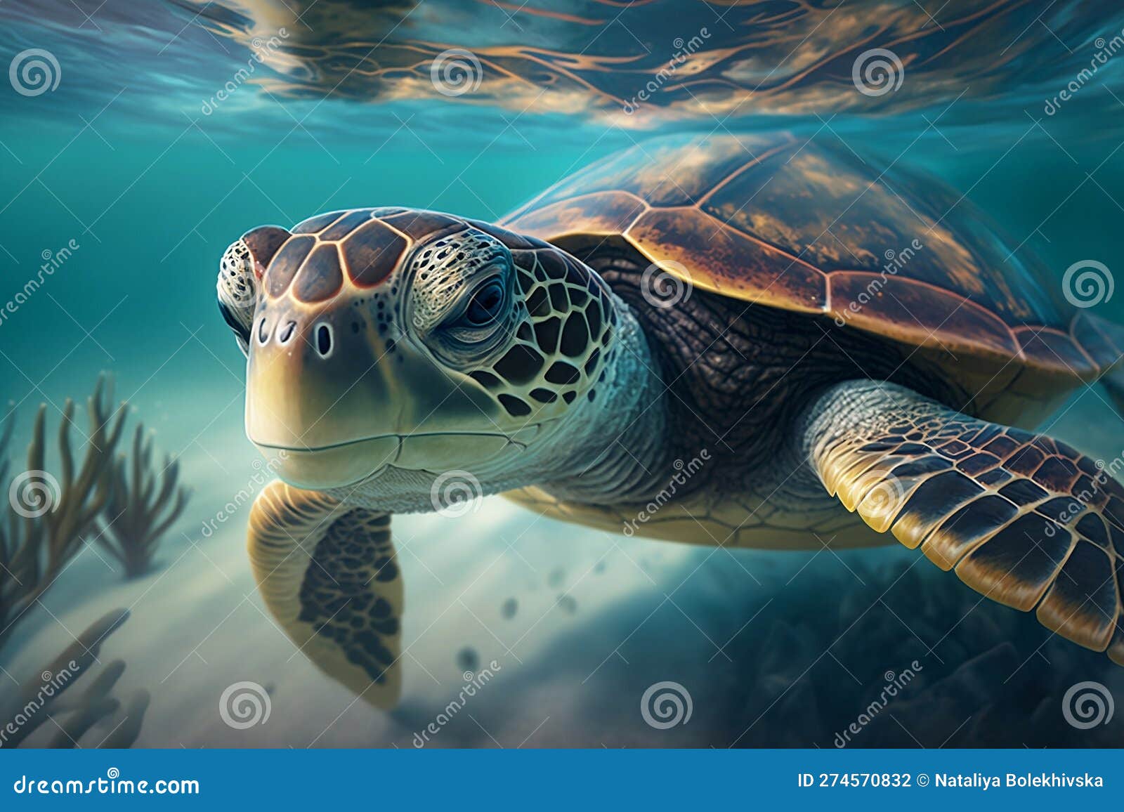 Close-up Realistic Sea Turtle Swims in the Underwater World. Generative ...