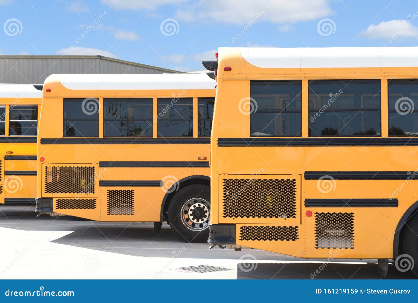 Close Up of the Rear Third of Three School Busses Parked in a Lot Stock ...