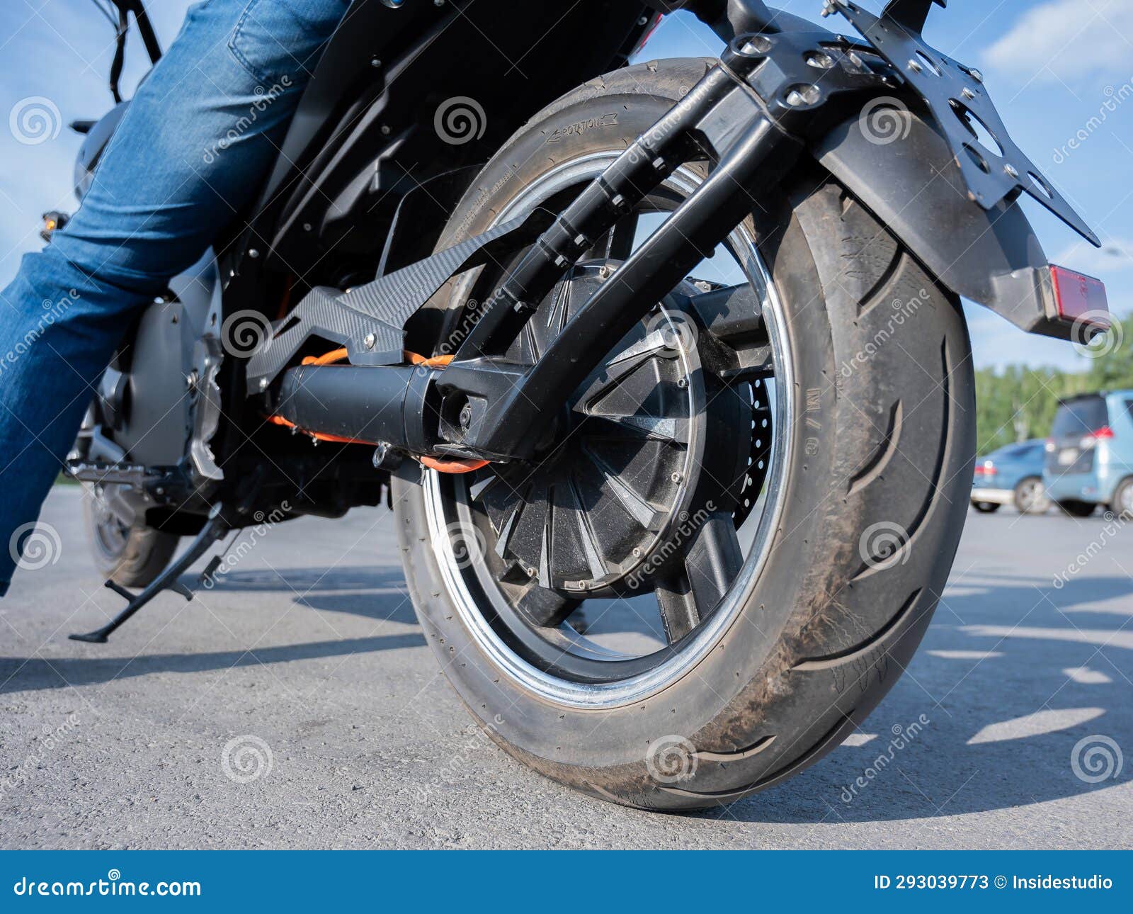 Close-up of the Rear Wheel with the Engine of an Electric Motorcycle ...