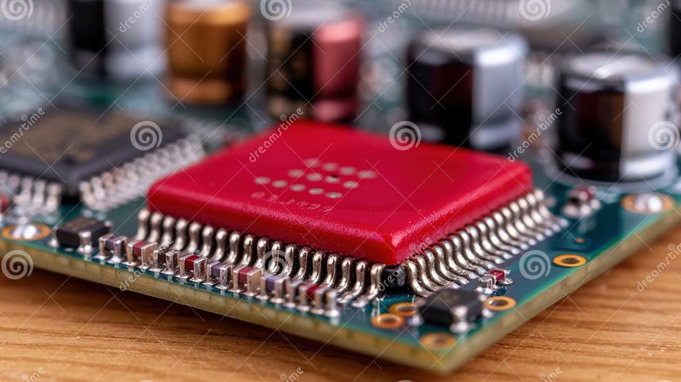 Close-up of a Red Computer Chip on a Circuit Board Stock Illustration ...