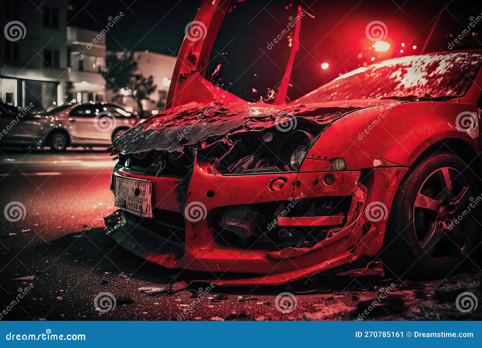 Close-up of a Red Crashed Car on the Side of the Road in the City, Ai ...