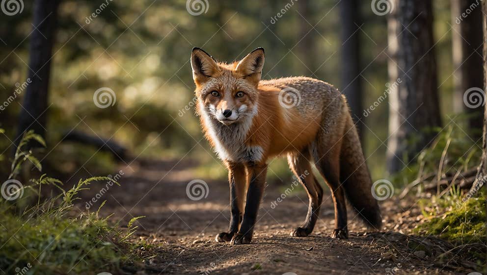 Close-up of a Red Fox Standing on a Forest Path Stock Illustration ...