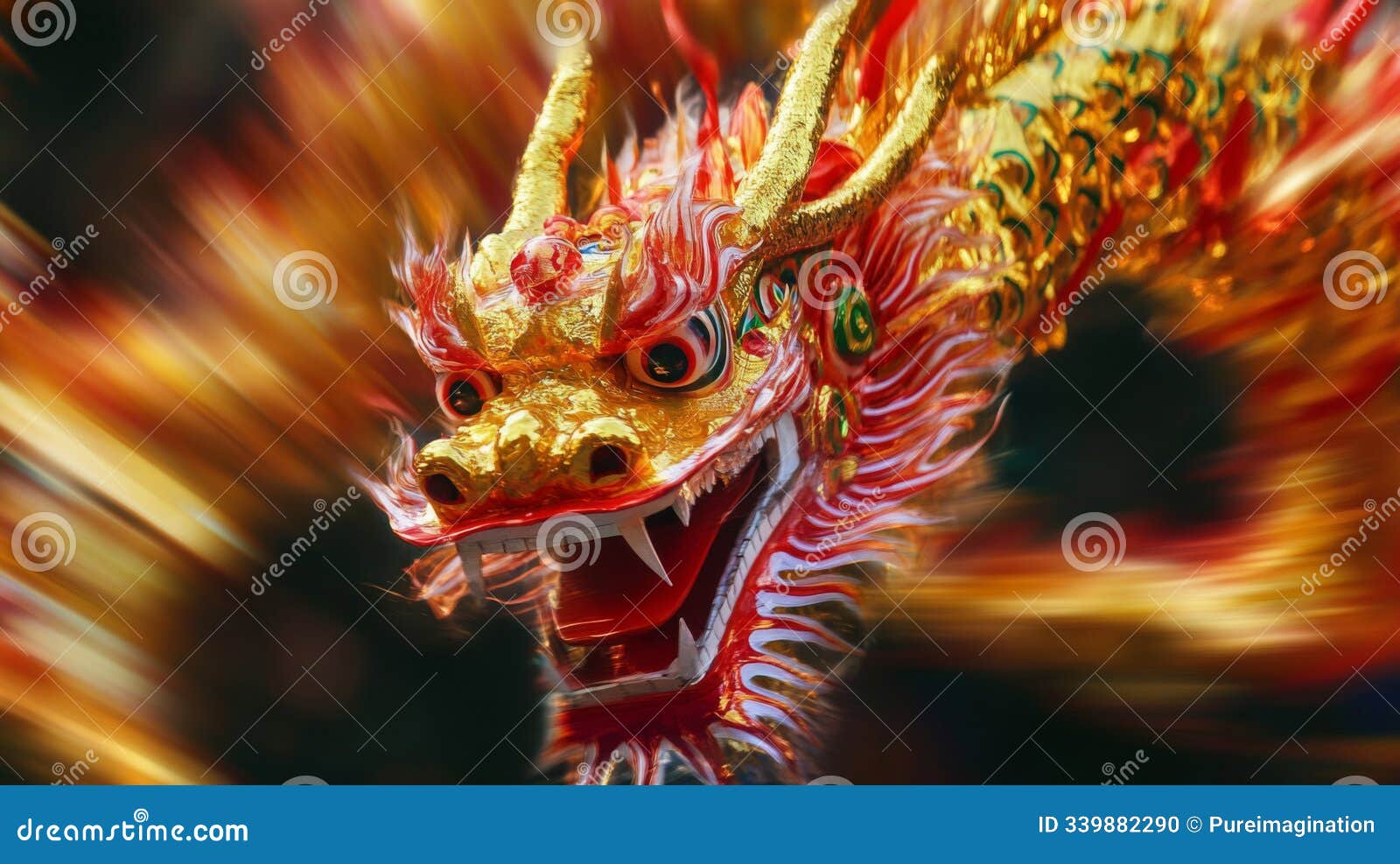 A Close-Up of a Red and Gold Dragon Costume Head in Motion Stock ...