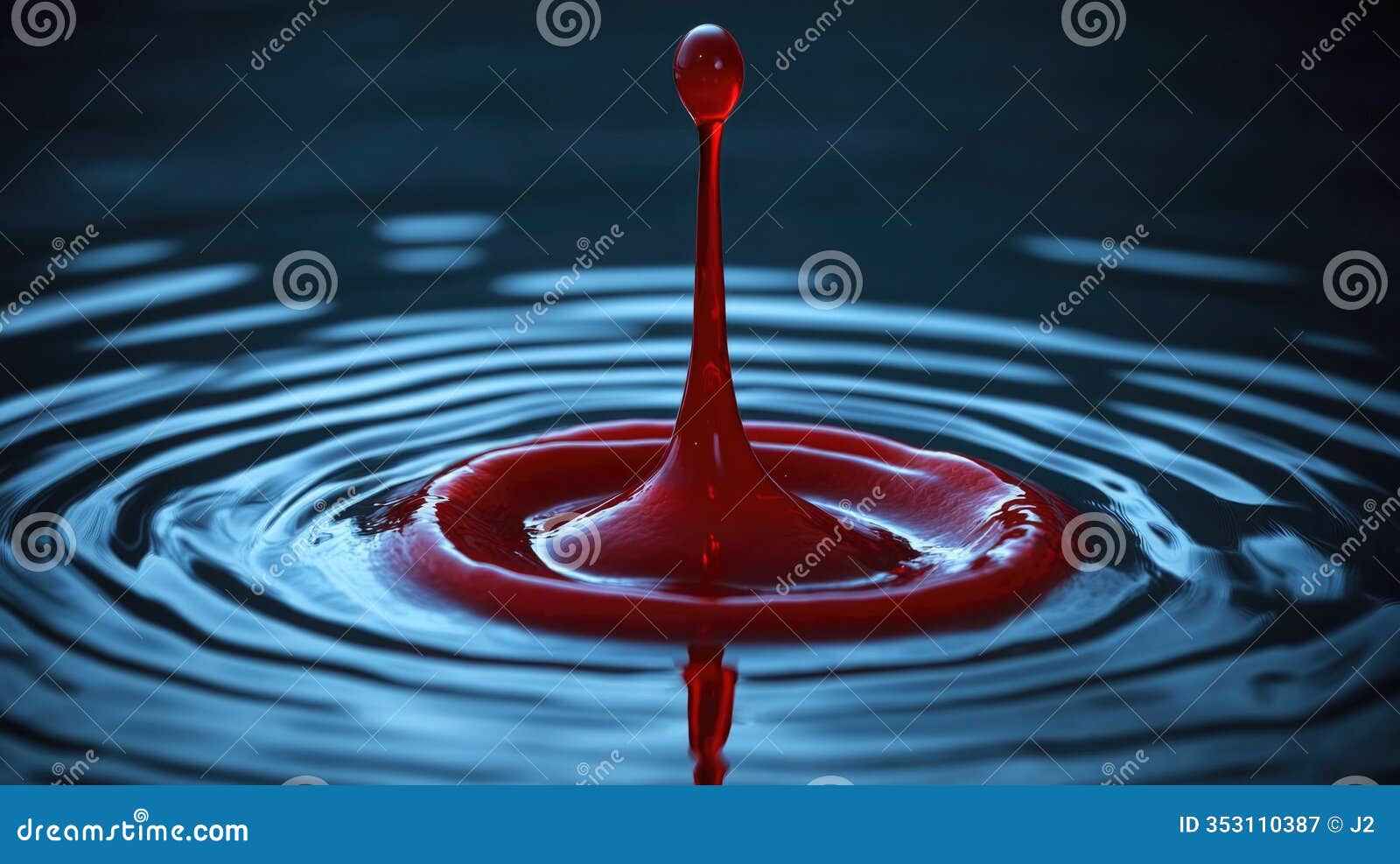Close-up of Red Liquid Droplet Creating Ripples with Dark Background ...