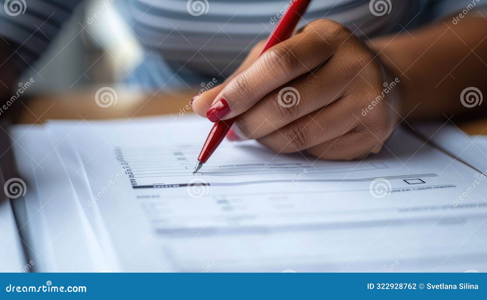 Close-up of Red Pen Checking Off Items on Printed Questionnaire Quality ...