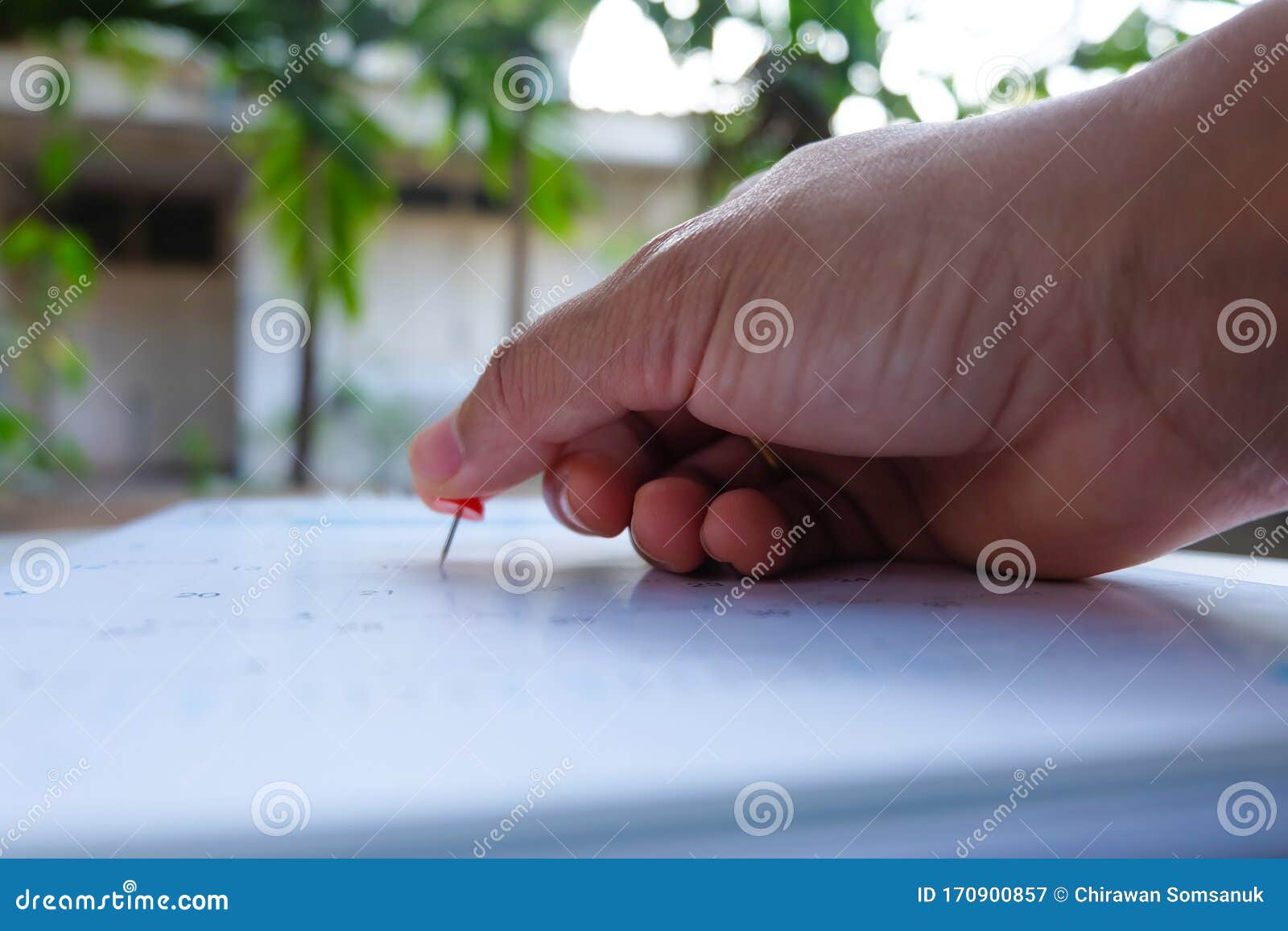 Close up red pin in hand stock image. Image of planning - 170900857
