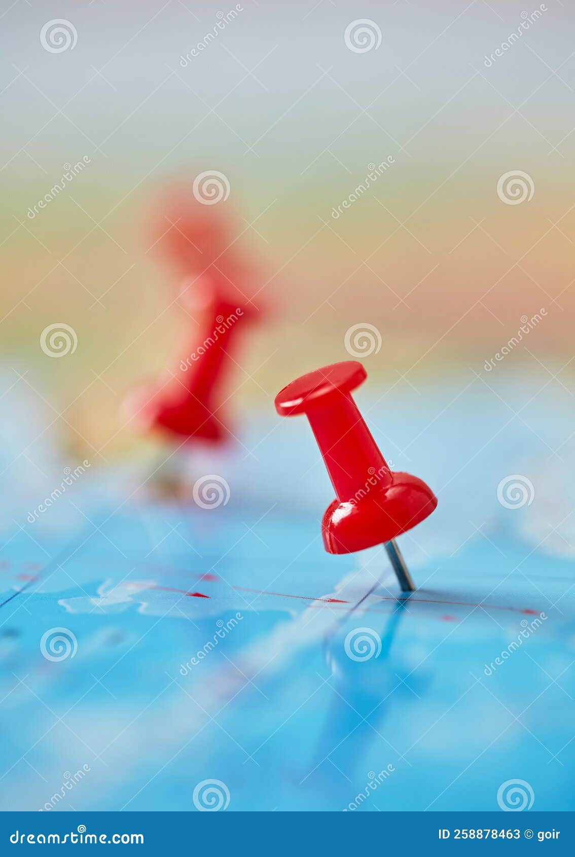 Close-up of red pin on map stock image. Image of location - 258878463