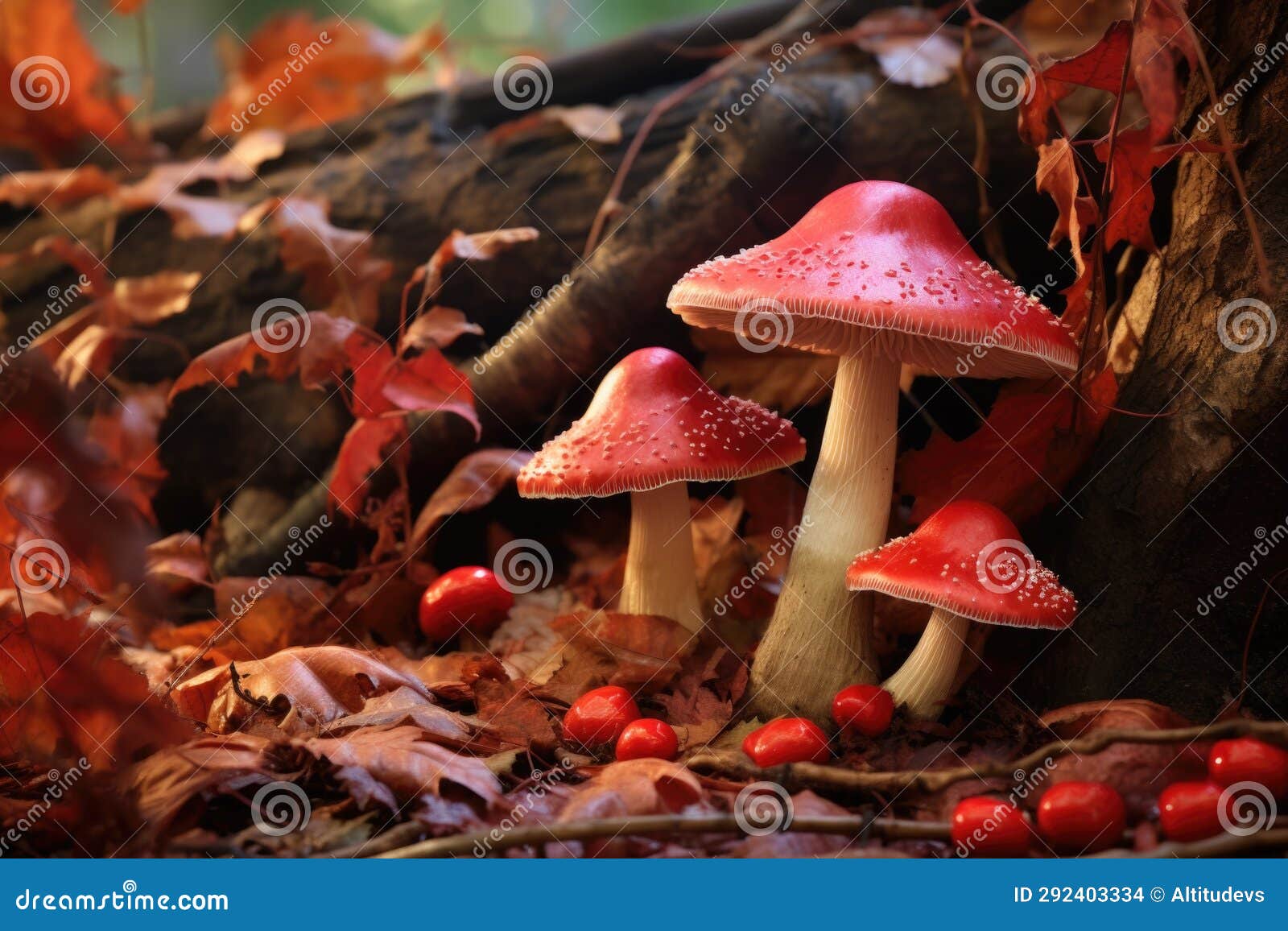 Close-up of Red Toadstools Amidst Autumn Leaves Stock Photo - Image of ...