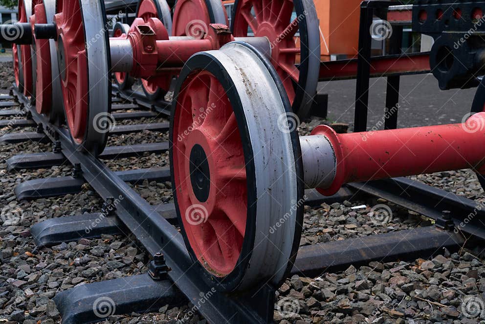 Close-up of Red Train Wheels on a Set of Tracks. Stock Photo - Image of ...
