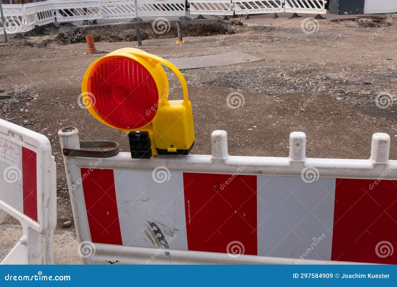 A Red Warning Light with Street Barriers at a Construction Site Stock ...