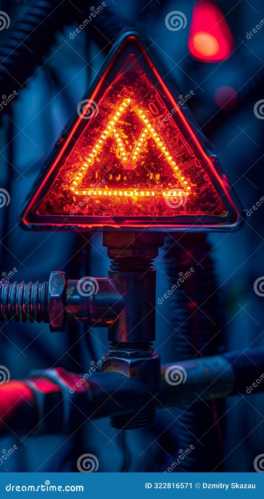 Red Warning Triangle Light on Industrial Pipe Stock Image - Image of ...