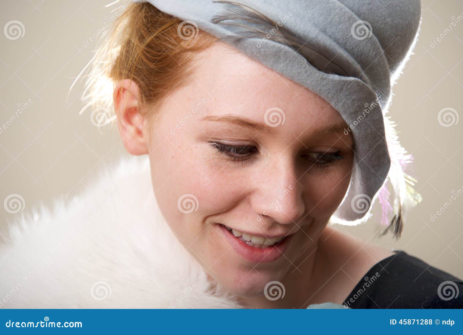 Close-up of Redhead in Hat Looking Down Stock Photo - Image of portrait ...