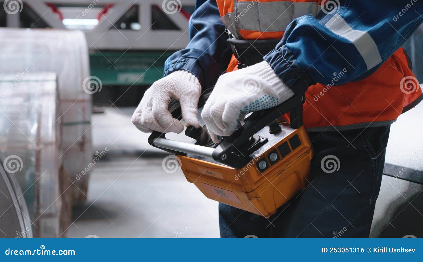 Close-up. Remote Control Crane Beam in an Industrial Warehouse. the ...