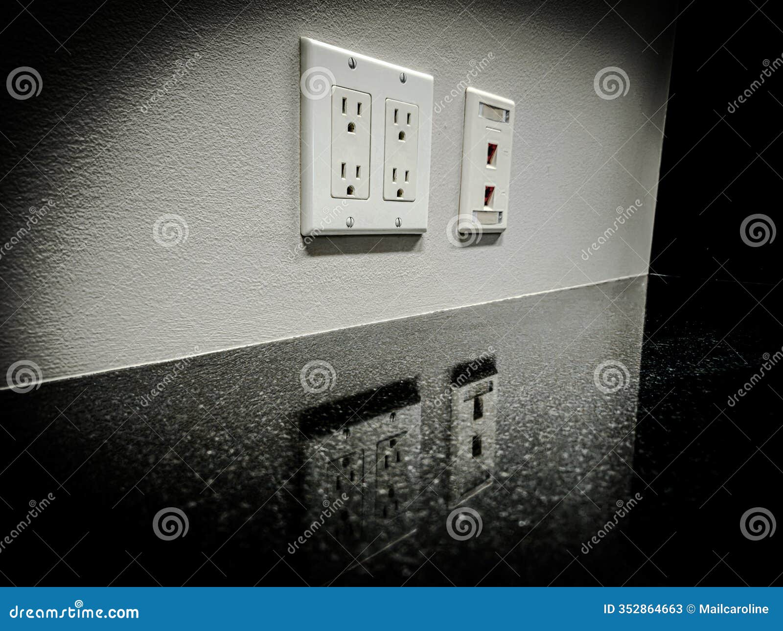 Close-up of Remote Work Desk Connectivity Cat6 Faceplate and Electrical ...