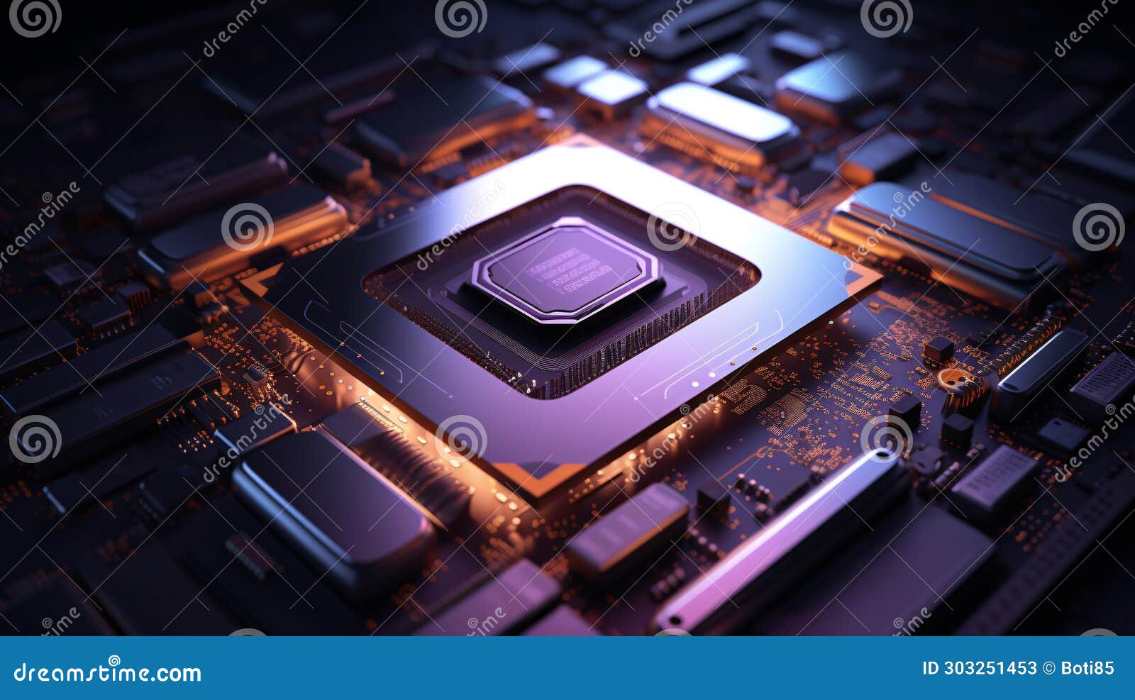 Close Up Representation of a Quantum Processor Chip with Lights Around ...